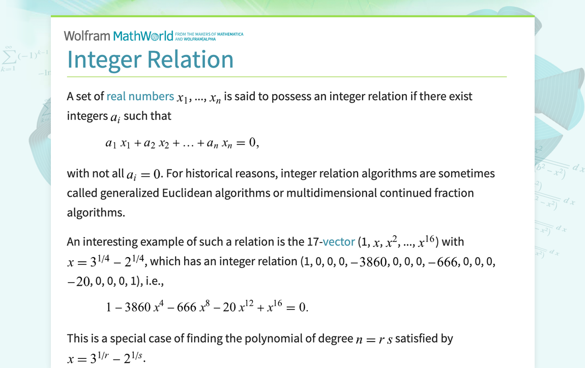 Integer Relation From Wolfram Mathworld 7227