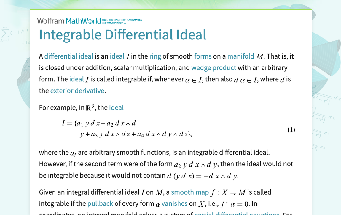 Integrable Differential Ideal -- from Wolfram MathWorld