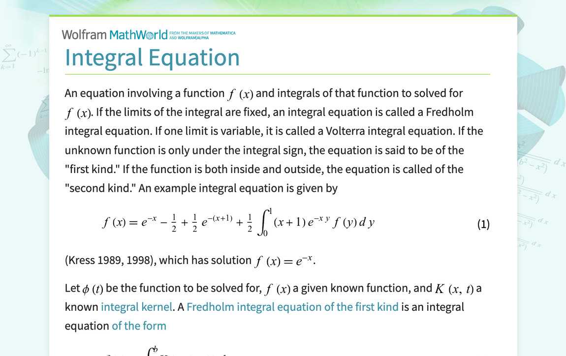 Integral Equation -- from Wolfram MathWorld
