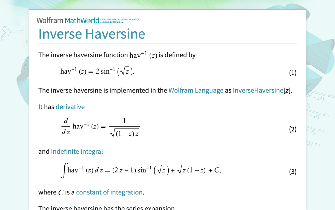 Inverse Haversine -- from Wolfram MathWorld