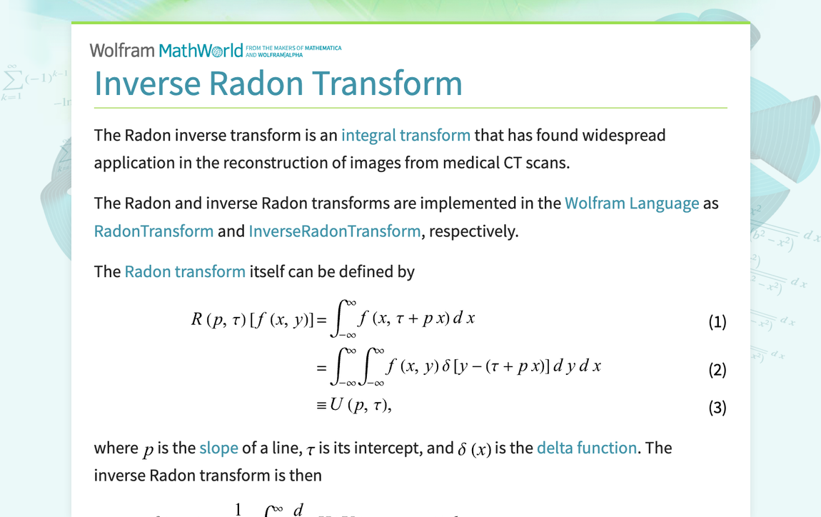 Inverse Radon Transform -- from Wolfram MathWorld