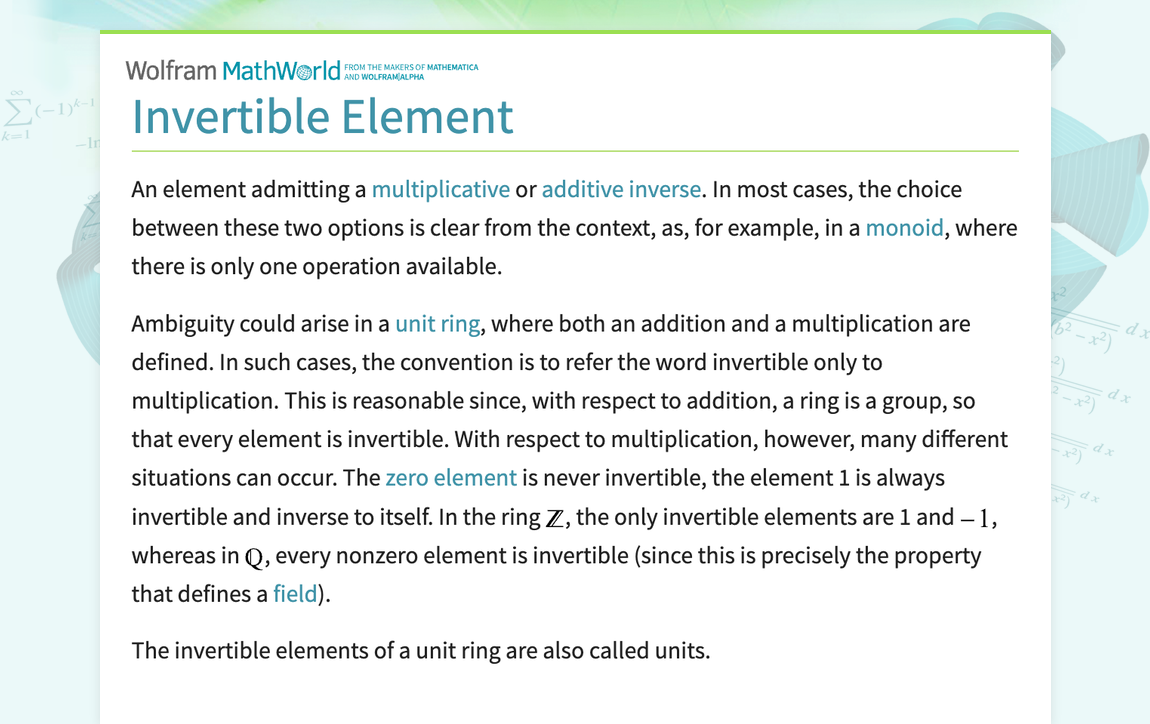Invertible Element -- from Wolfram MathWorld