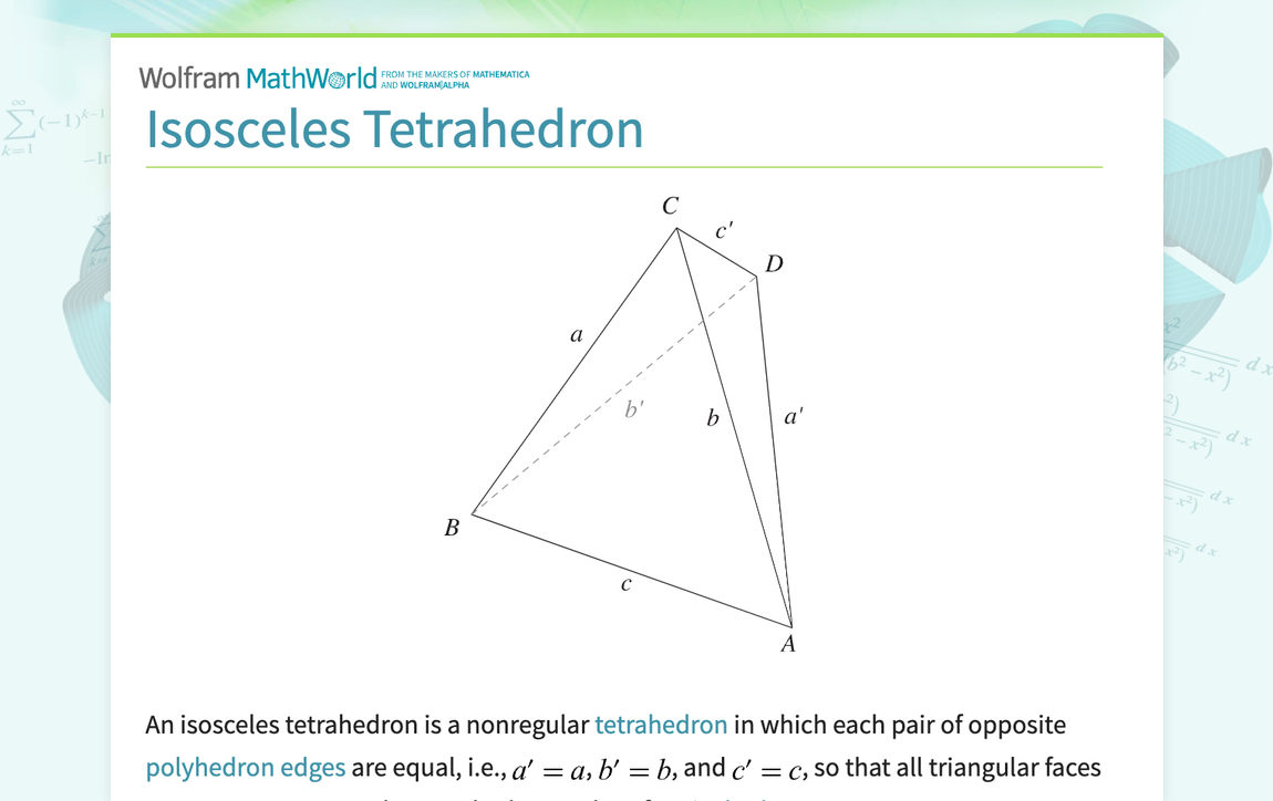 Isosceles Tetrahedron -- from Wolfram MathWorld