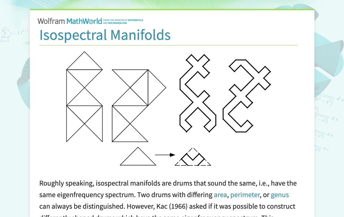 Isospectral Manifolds -- from Wolfram MathWorld