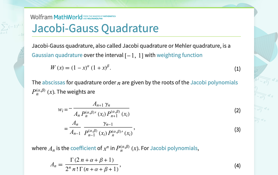 Jacobi-Gauss Quadrature -- from Wolfram MathWorld