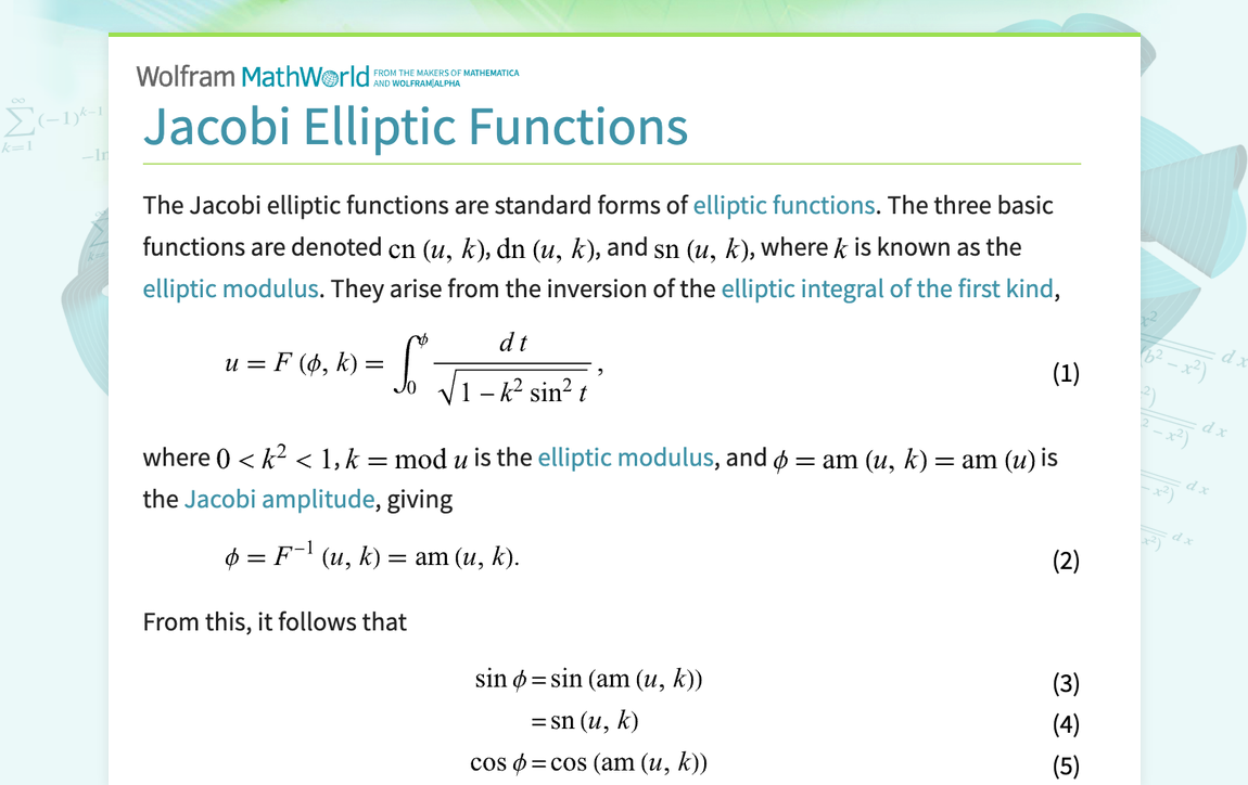 Jacobi Elliptic Functions -- from Wolfram MathWorld