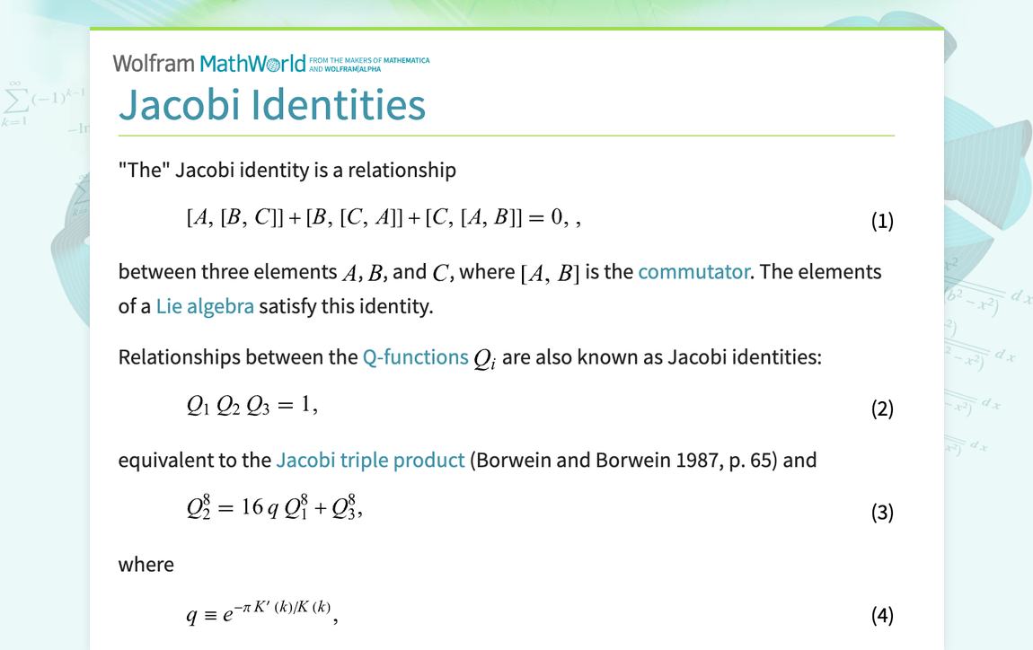 Jacobi Identities -- from Wolfram MathWorld