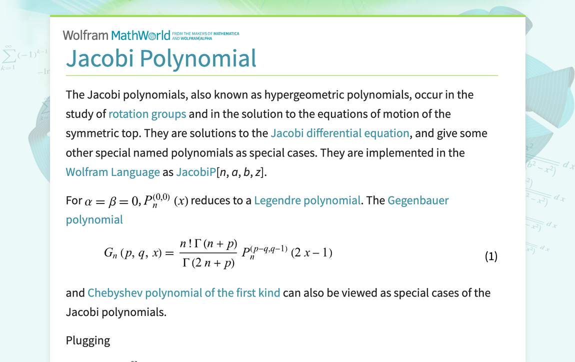 Jacobi Polynomial -- from Wolfram MathWorld
