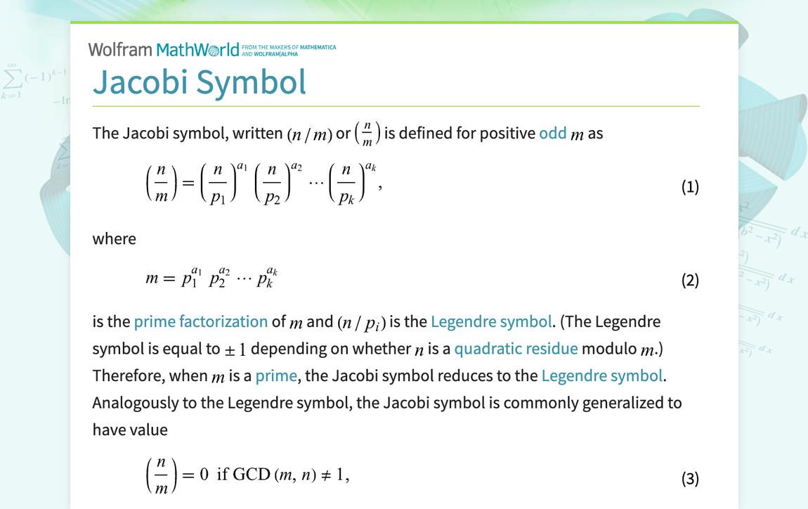 Jacobi Symbol From Wolfram Mathworld 