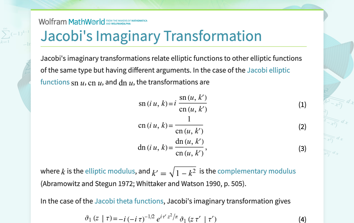 Jacobi's Imaginary Transformation -- from Wolfram MathWorld
