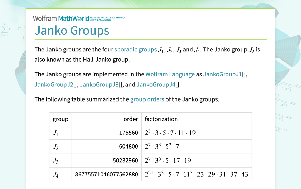 Janko Groups -- from Wolfram MathWorld