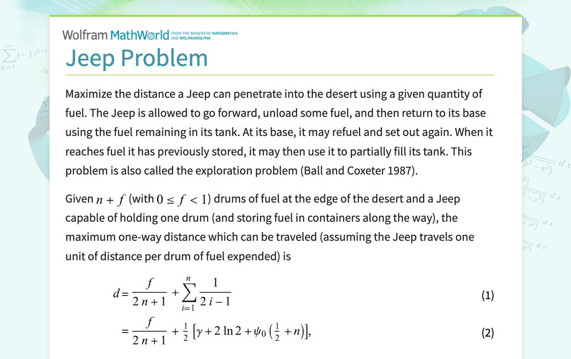 Jeep Problem -- from Wolfram MathWorld