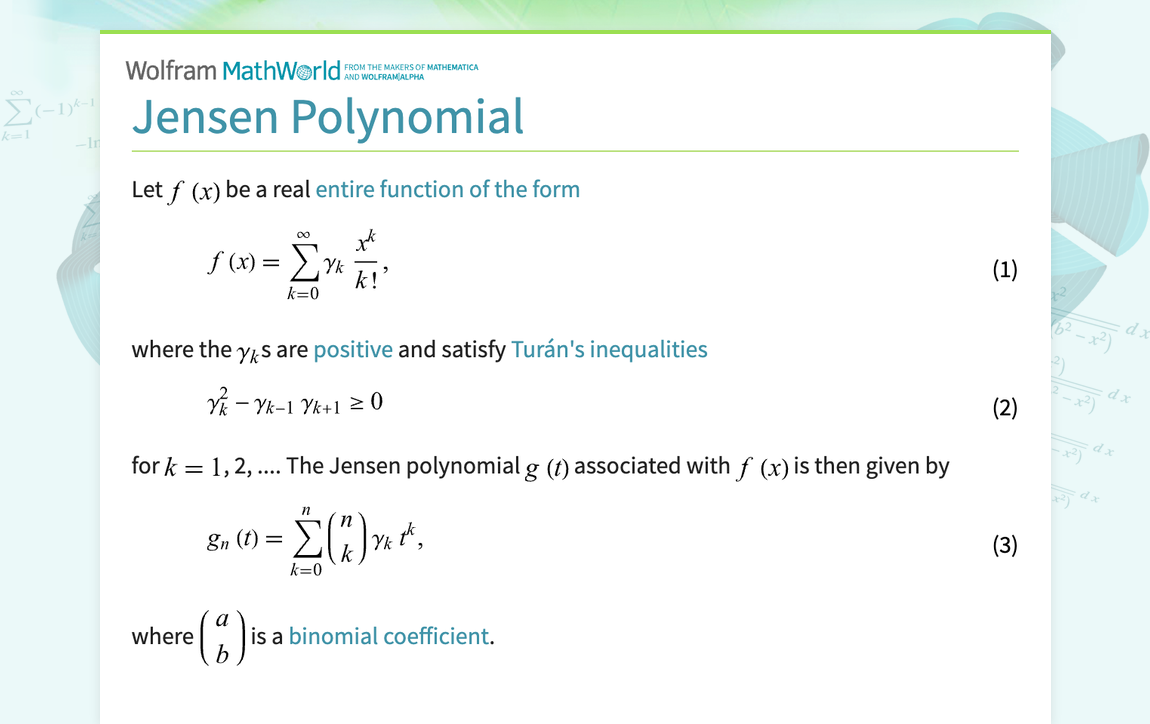 Jensen Polynomial -- from Wolfram MathWorld Jensen Polynomial -- from Wolfram MathWorld