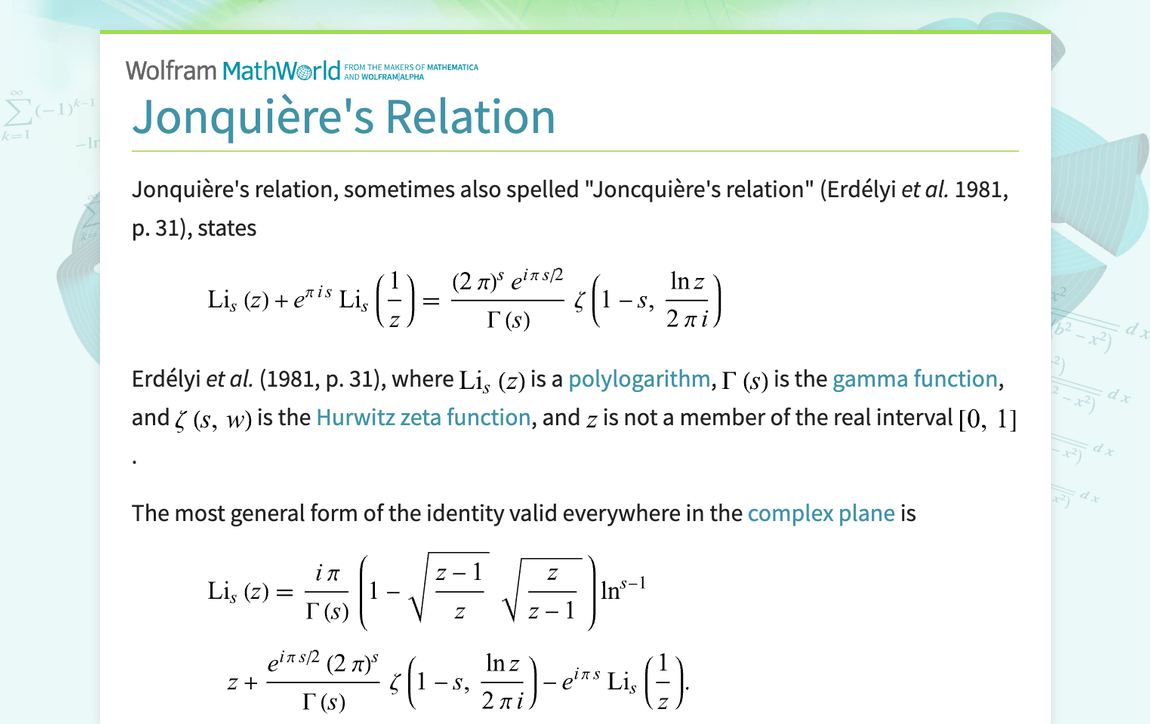 Jonquière's Relation -- from Wolfram MathWorld