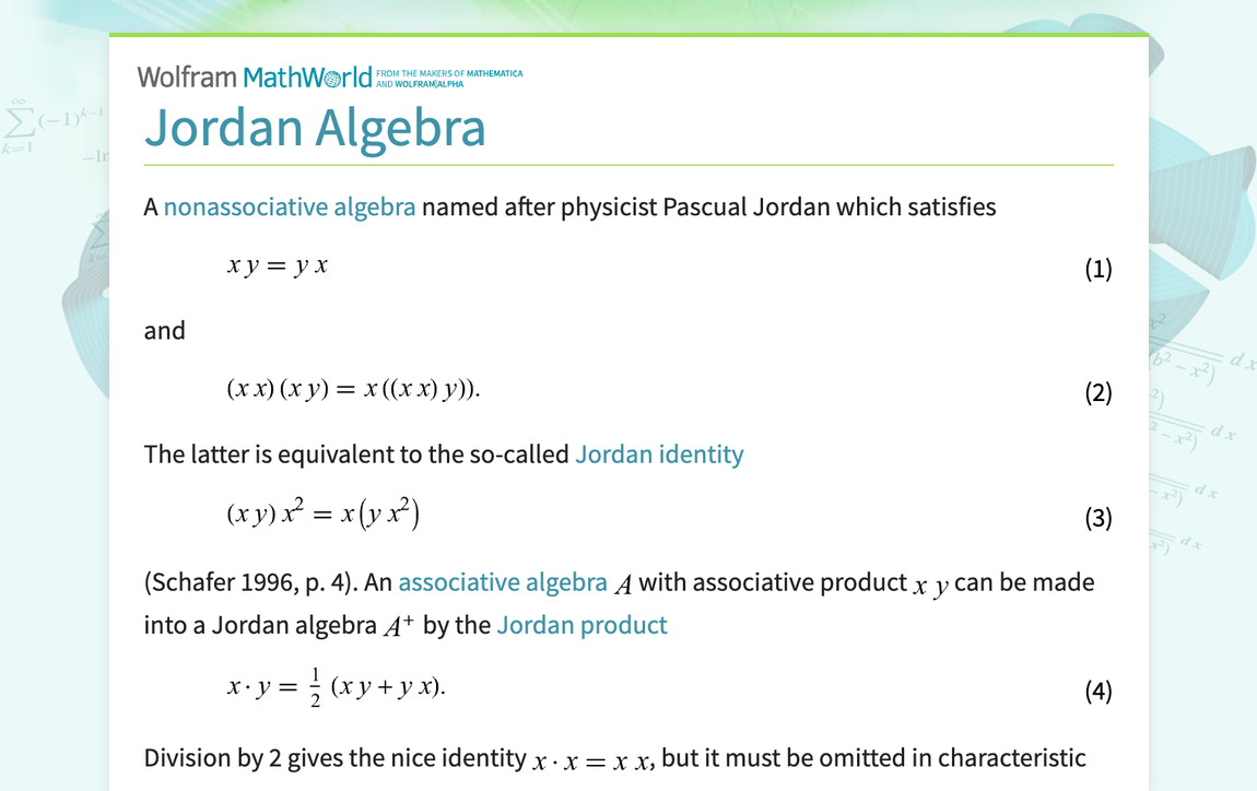 Jordan Algebra -- from Wolfram MathWorld