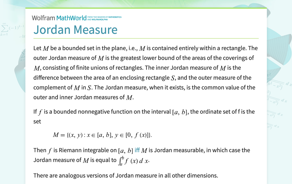 Jordan Measure -- from Wolfram MathWorld