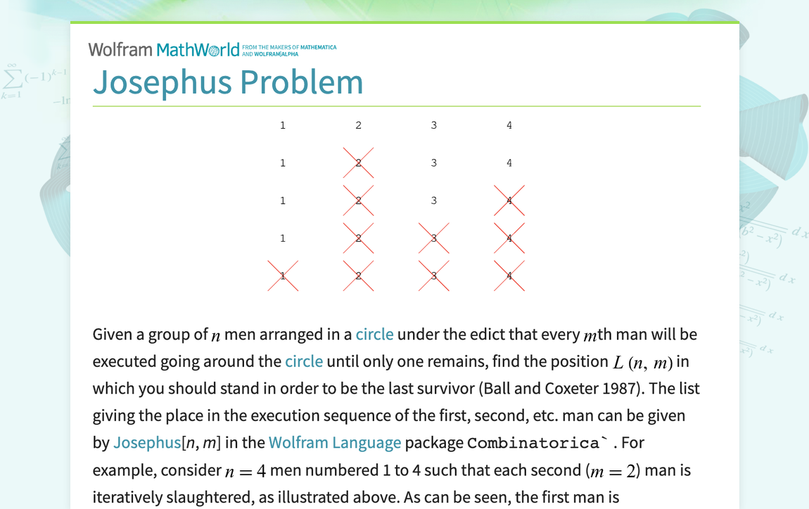 Josephus Problem -- from Wolfram MathWorld
