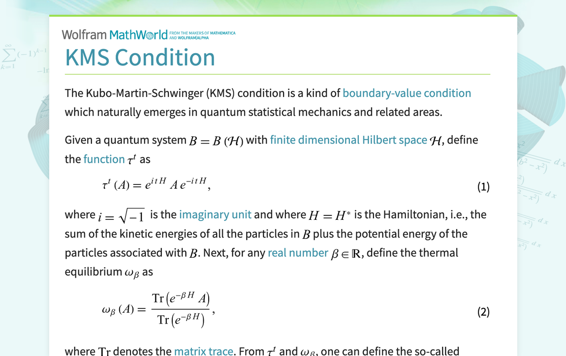 KMS Condition -- from Wolfram MathWorld