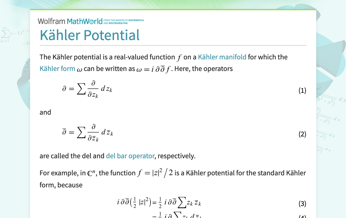 Kähler Potential -- from Wolfram MathWorld