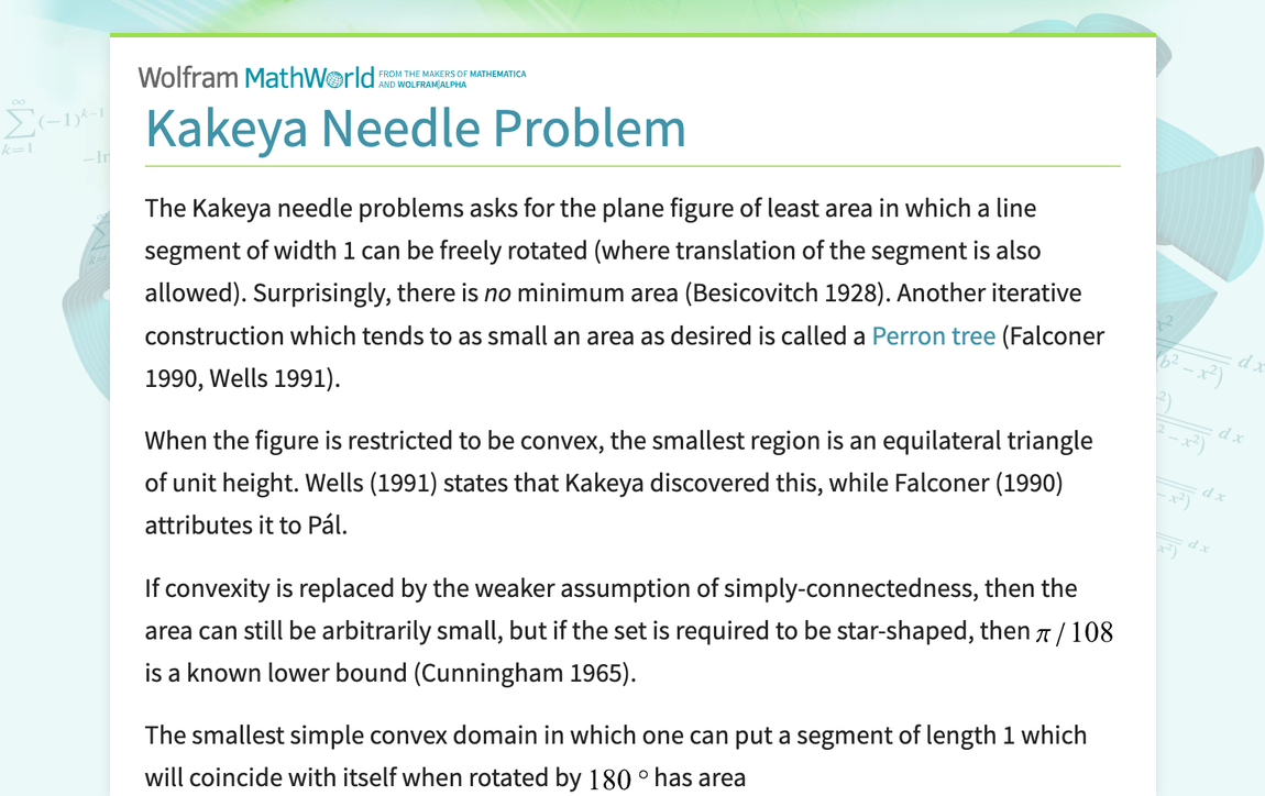 Kakeya Needle Problem -- from Wolfram MathWorld