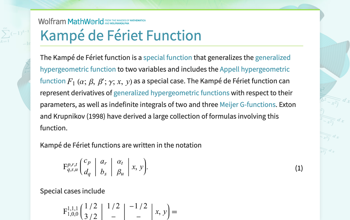 Kampé De Fériet Function From Wolfram Mathworld