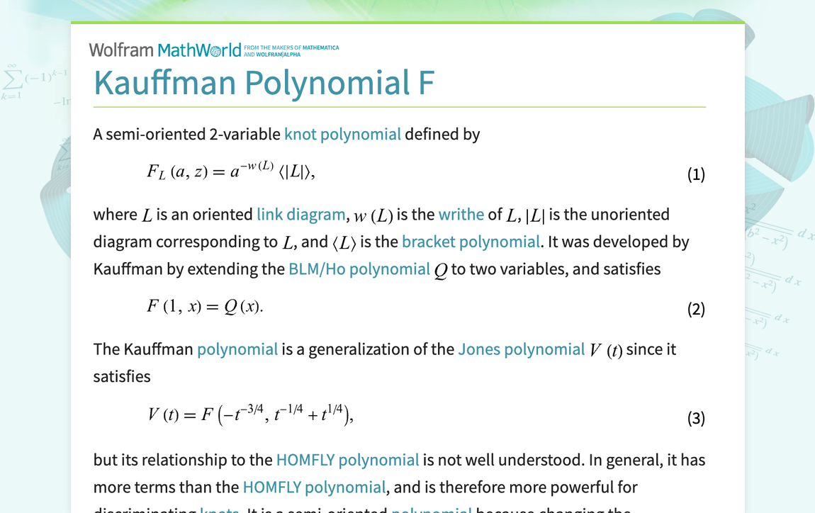 Kauffman Polynomial F -- from Wolfram MathWorld