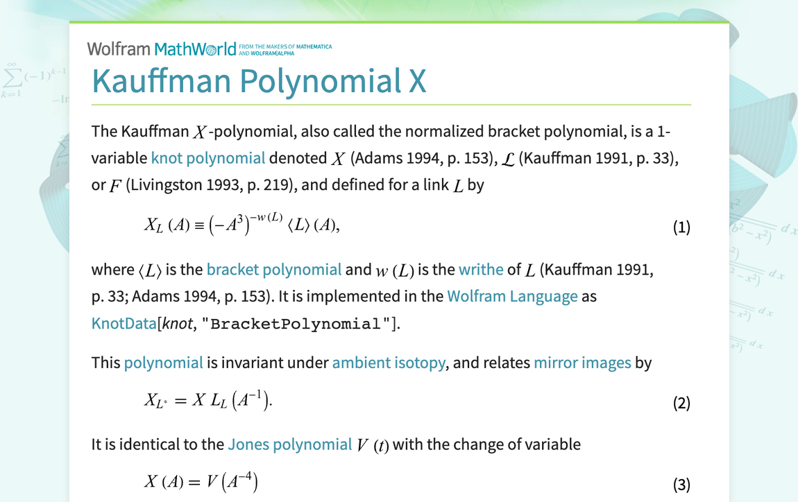 Kauffman Polynomial X -- from Wolfram MathWorld