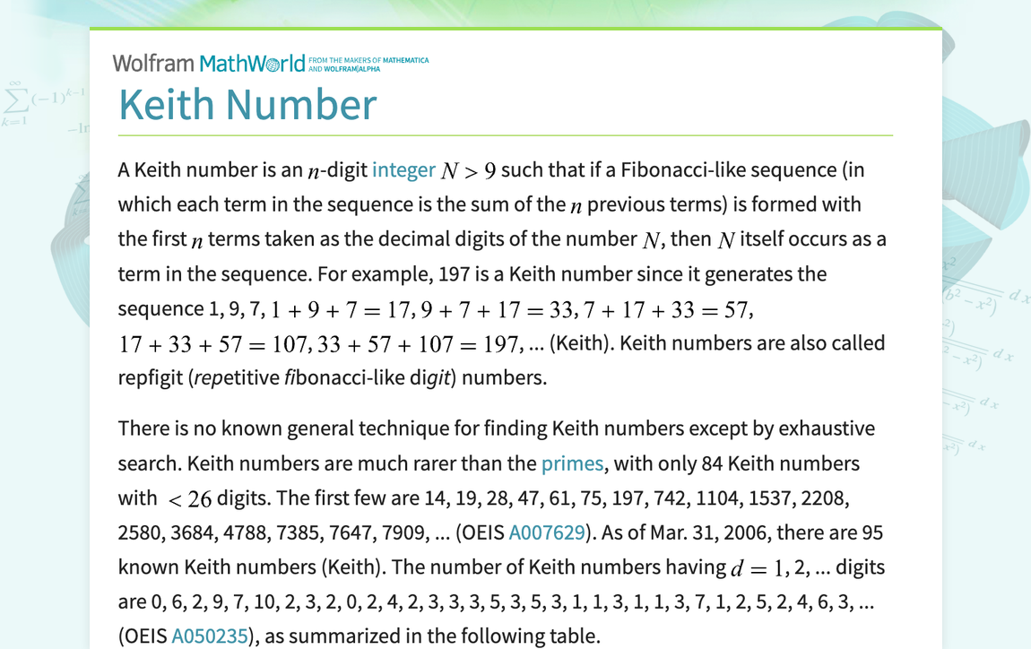 Keith Number -- from Wolfram MathWorld