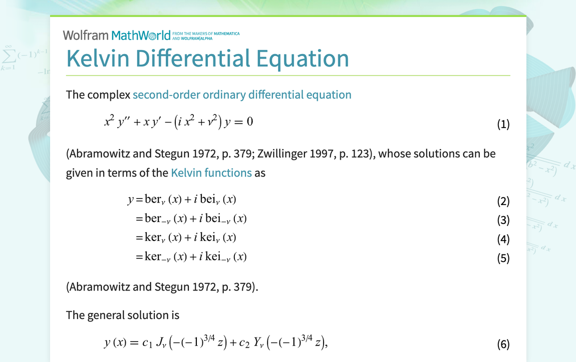 Kelvin Differential Equation -- from Wolfram MathWorld