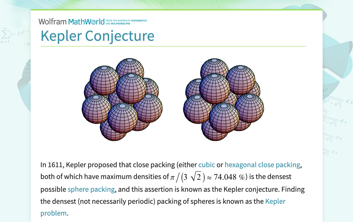 Kepler Conjecture -- from Wolfram MathWorld