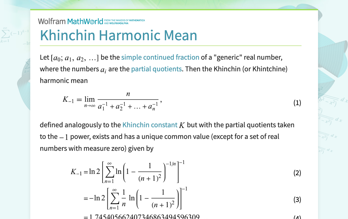 Khinchin Harmonic Mean -- from Wolfram MathWorld Khinchin Harmonic Mean -- from Wolfram MathWorld