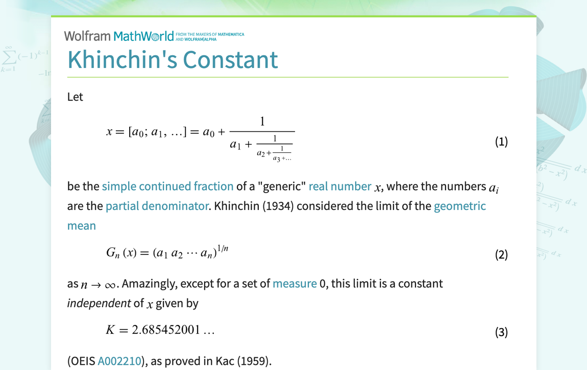 Khinchin's Constant -- from Wolfram MathWorld