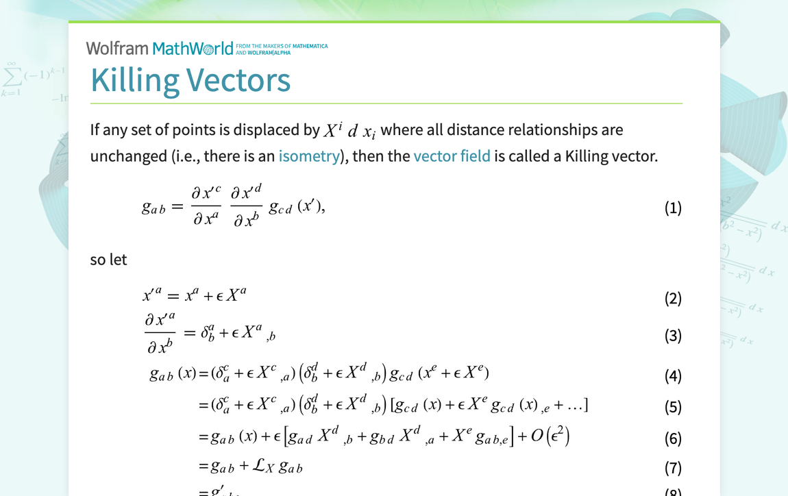 Killing Vectors -- from Wolfram MathWorld