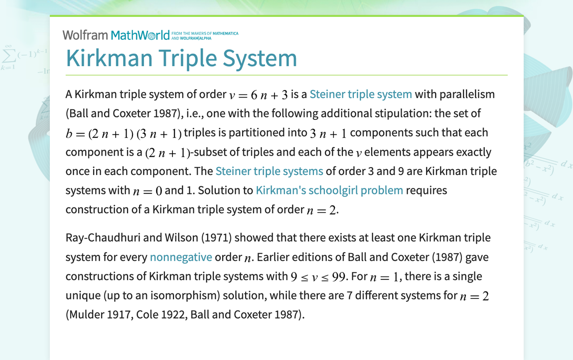 Kirkman Triple System -- from Wolfram MathWorld