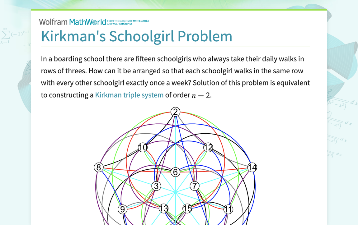 Kirkman's Schoolgirl Problem -- from Wolfram MathWorld