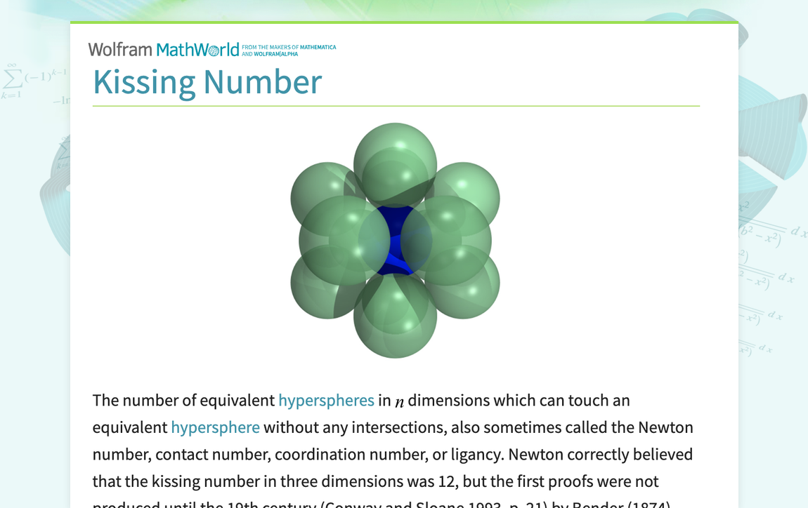 Kissing Number -- from Wolfram MathWorld