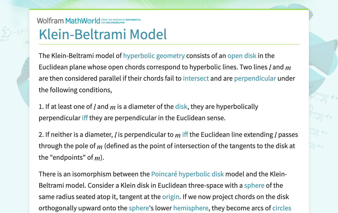 Klein-Beltrami Model -- from Wolfram MathWorld