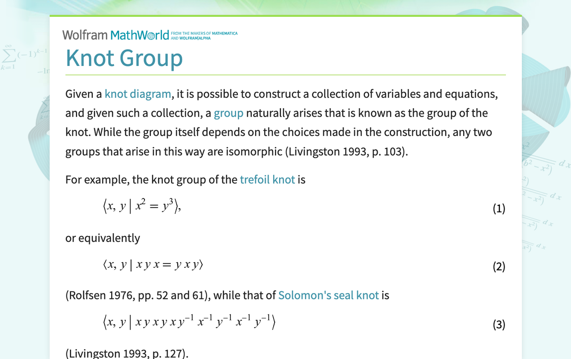 Knot Group -- from Wolfram MathWorld
