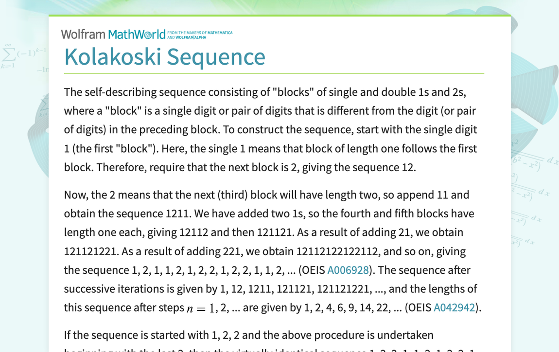 Kolakoski Sequence -- from Wolfram MathWorld