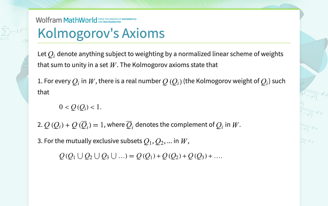 Kolmogorov's Axioms -- from Wolfram MathWorld