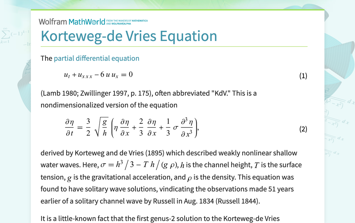 Korteweg-de Vries Equation -- from Wolfram MathWorld