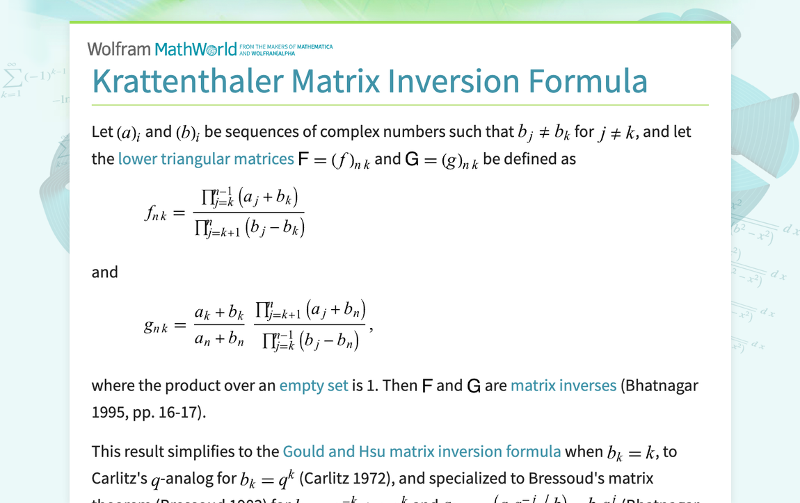 Krattenthaler Matrix Inversion Formula -- from Wolfram MathWorld