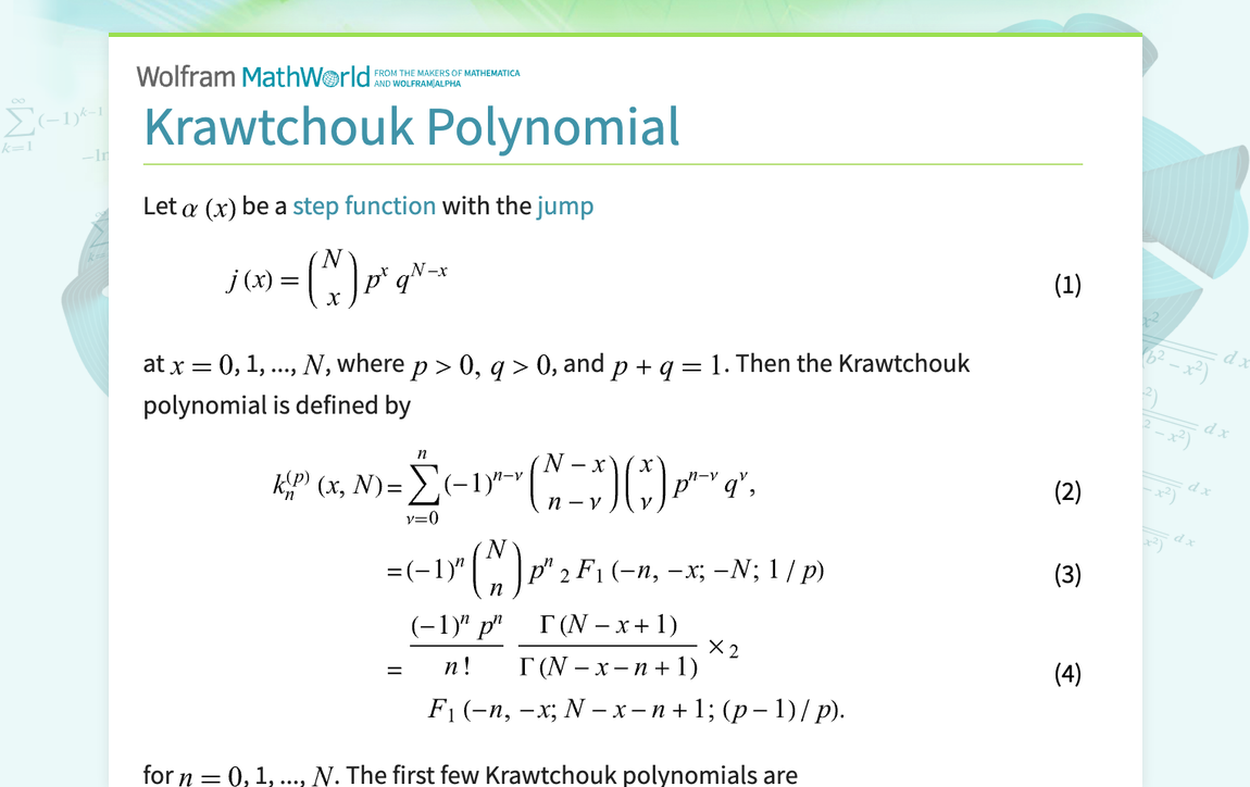 Krawtchouk Polynomial -- from Wolfram MathWorld