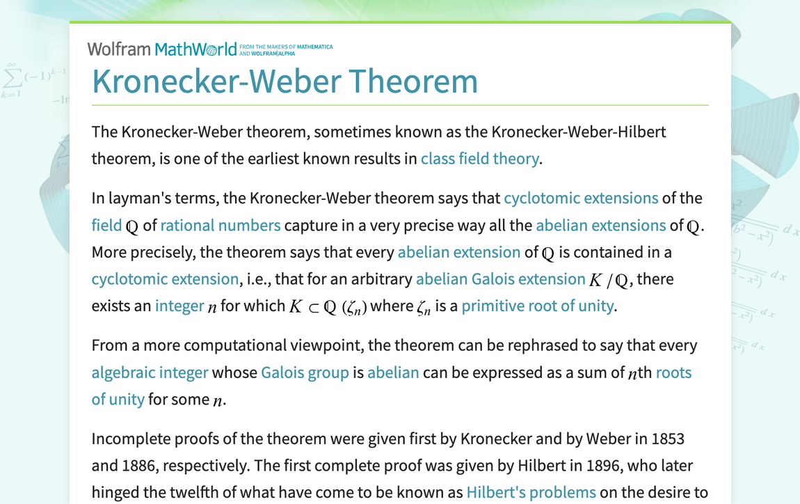 Kronecker-Weber Theorem -- from Wolfram MathWorld