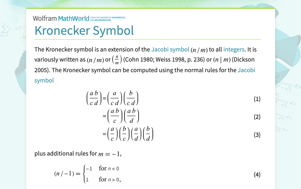 Kronecker Symbol -- from Wolfram MathWorld