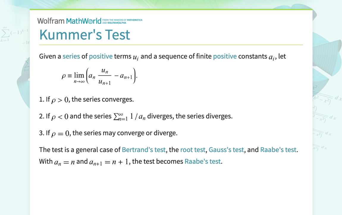 Kummer's Test -- from Wolfram MathWorld