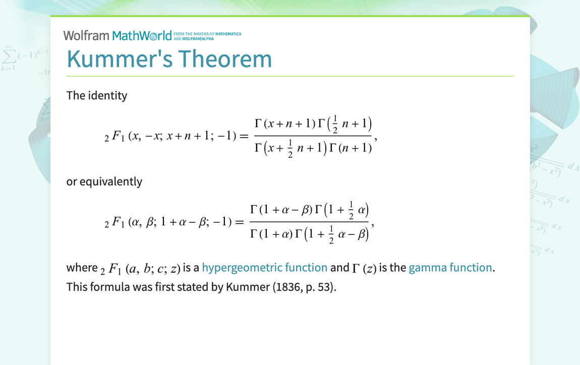 Kummer's Theorem -- from Wolfram MathWorld