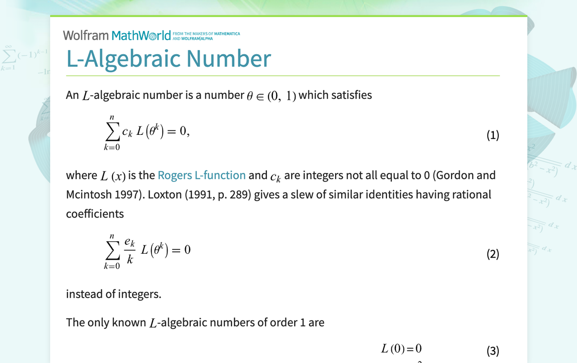 L-Algebraic Number -- from Wolfram MathWorld