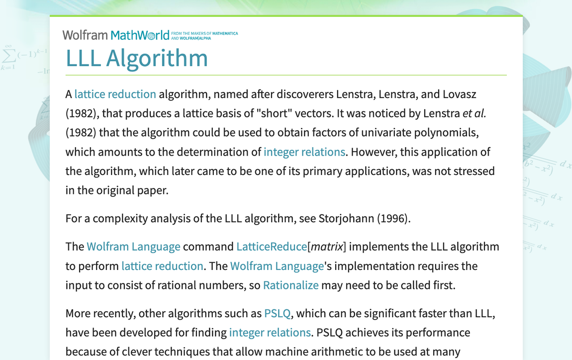 LLL Algorithm -- from Wolfram MathWorld