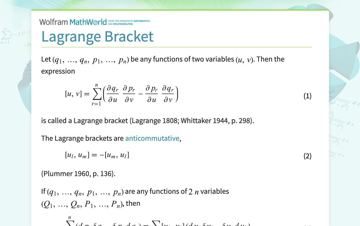 Lagrange Bracket -- from Wolfram MathWorld Lagrange Bracket -- from Wolfram MathWorld